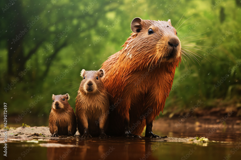 Resting Capybara Family (Hydrochoerus hydrochaeris), Capybaras in Their ...