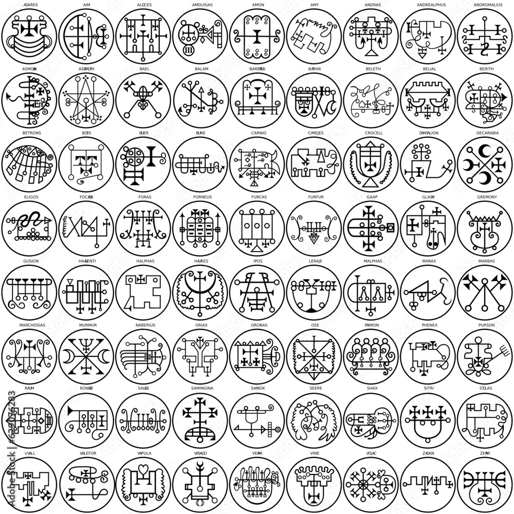 Stock-Vektorgrafik „Sigils of the demons in the hierarchy of hell as listed in the Ars Goetia ...