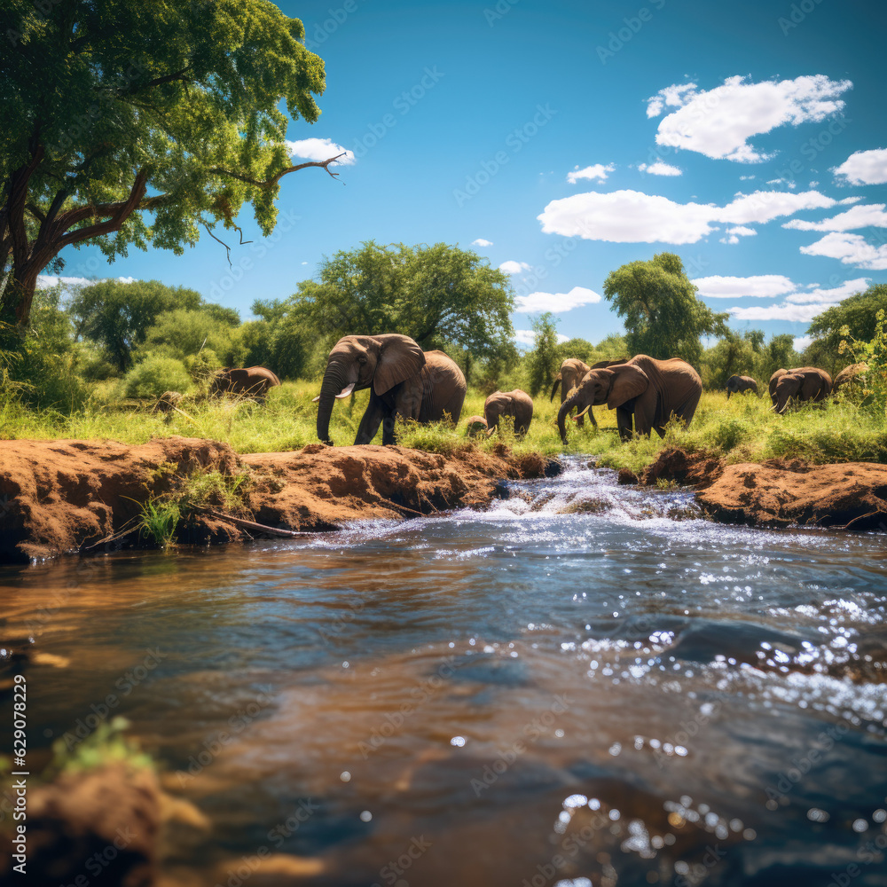 Wildlife Wonders. Group of Elephants Crossing a River in a African ...