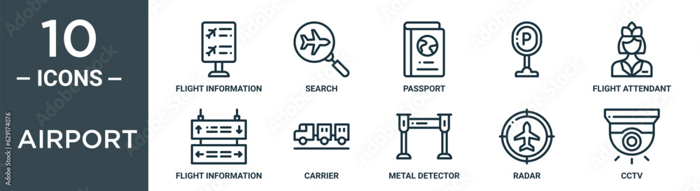 airport outline icon set includes thin line flight information, search ...