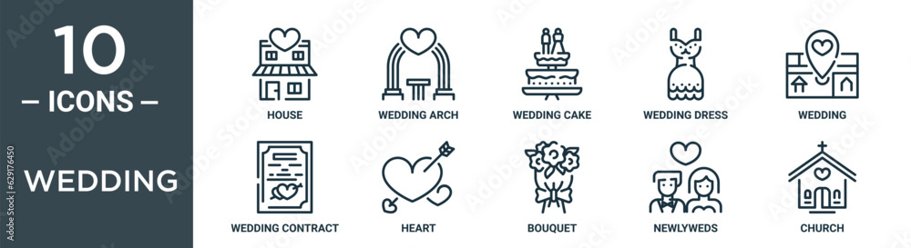 wedding outline icon set includes thin line house, wedding arch ...