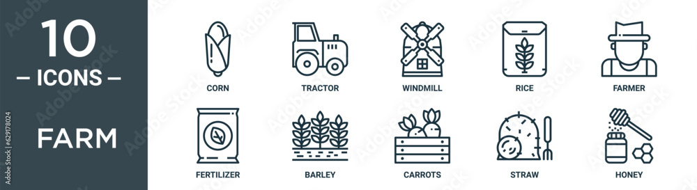 farm outline icon set includes thin line corn, tractor, windmill, rice ...