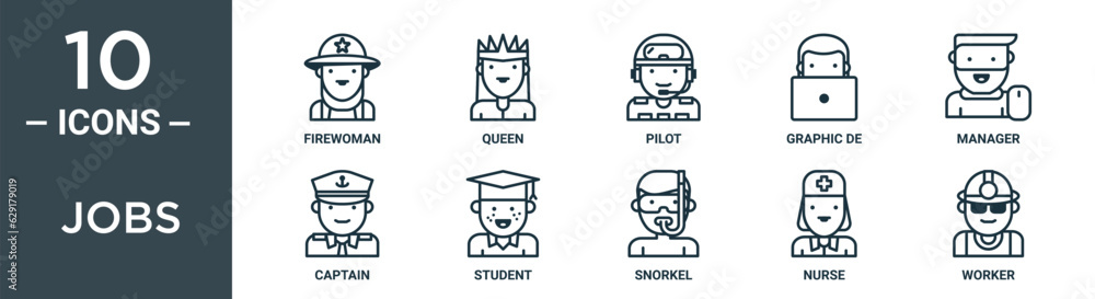 jobs outline icon set includes thin line firewoman, queen, pilot ...