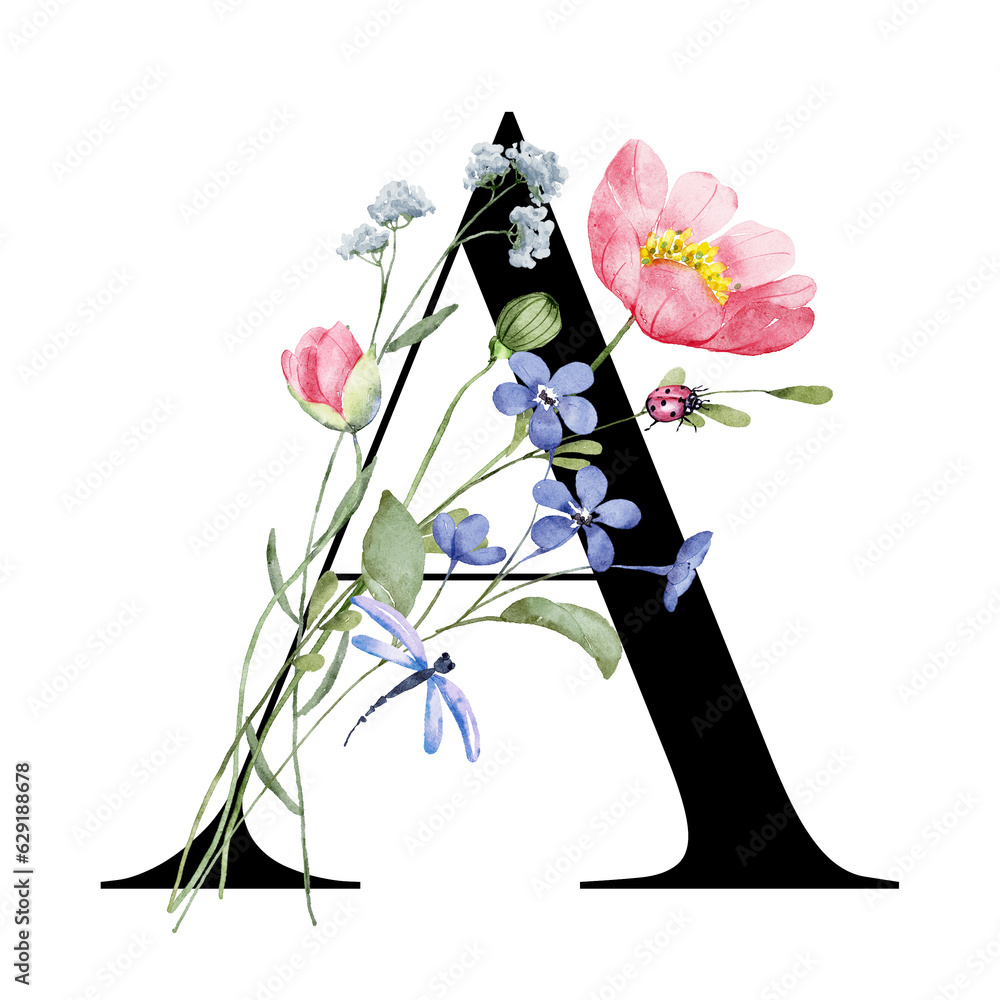 Floral alphabet, letter A with watercolor flowers and leaf. Monogram ...