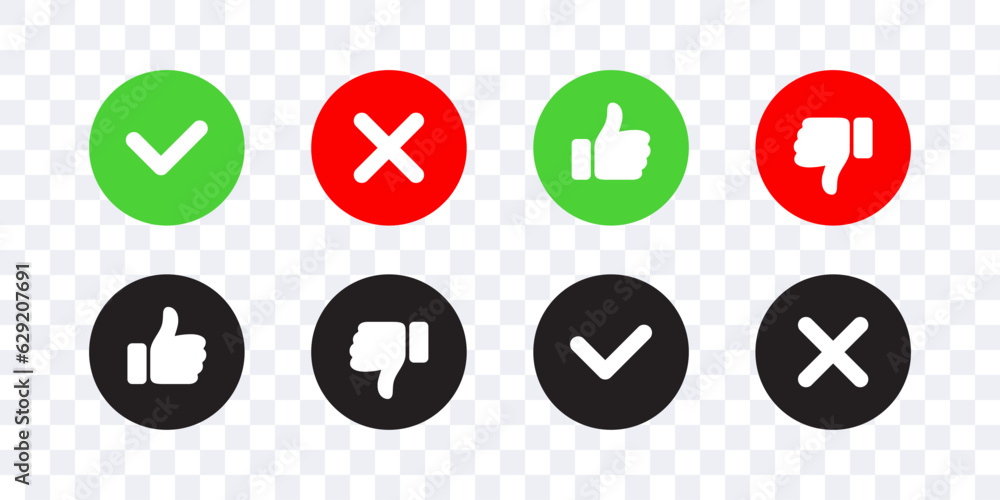 Check marks like and dislike. Green check mark, red cross mark icons ...