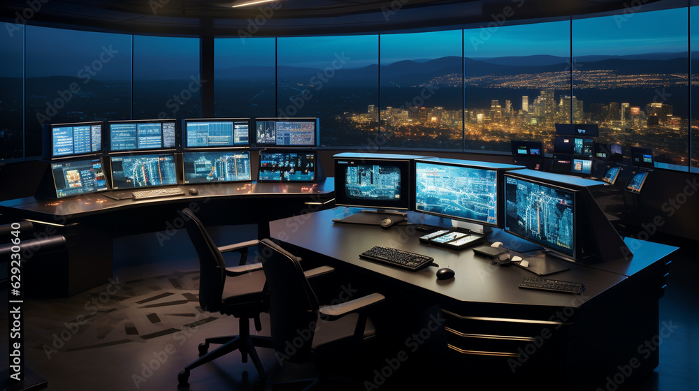 Design a high-tech control center with rows of monitors and data ...