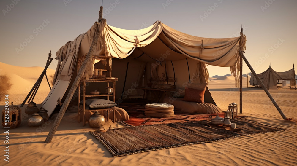 Craft a 3D model of a Bedouin tent, allowing viewers to explore its ...