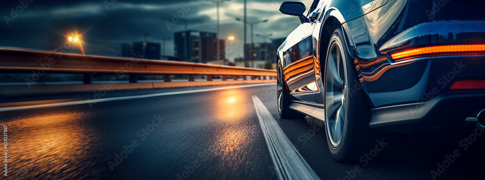 Rear view of blue Business car on high speed in turn. Blue car rushing ...