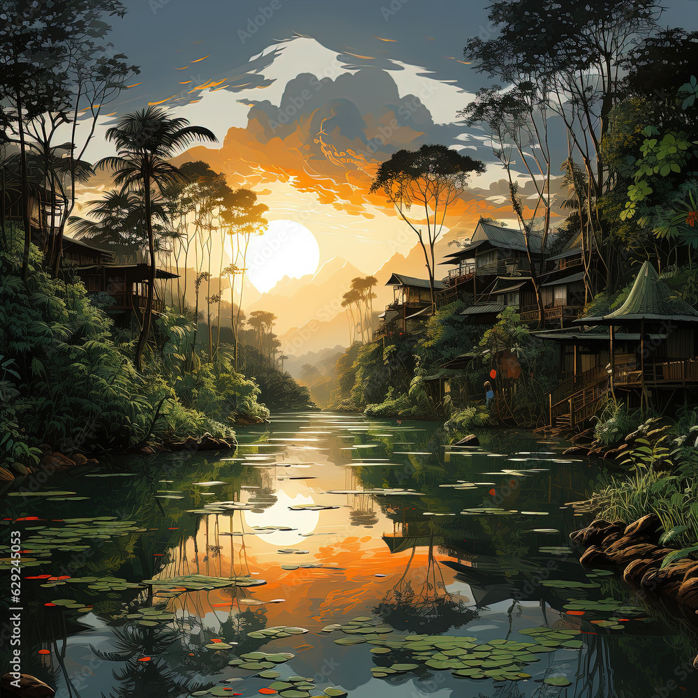 Background ai, tropical jungle landscape, dense green misty fantasy ...