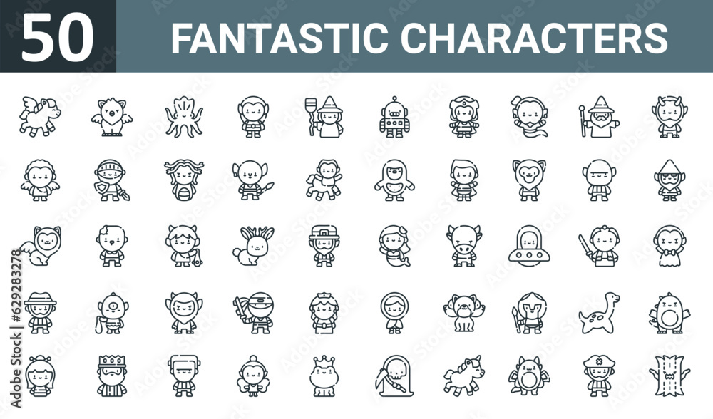 set of 50 outline web fantastic characters icons such as pegasus ...
