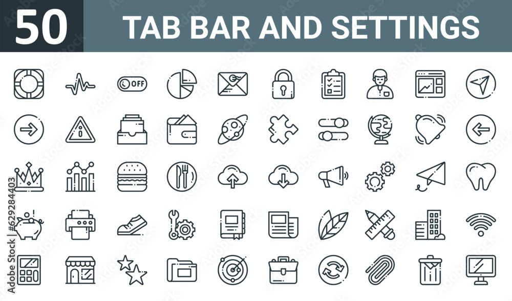 Vetor set of 50 outline web tab bar and settings icons such as support ...