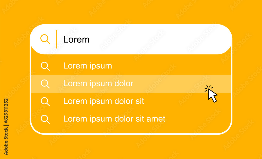 Search bar with suggestions and pop up list search results. Search form ...
