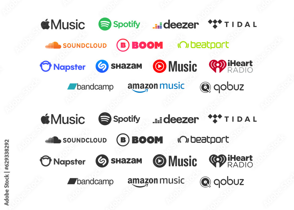 Vector de Stock Apple music, Spotify, Deezer, Youtube Music, Tidal, Boom, logos, streaming ...