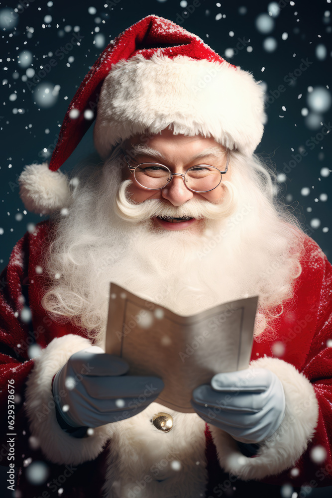 Advertising portrait of a friendly Santa Claus holding a letter in his ...