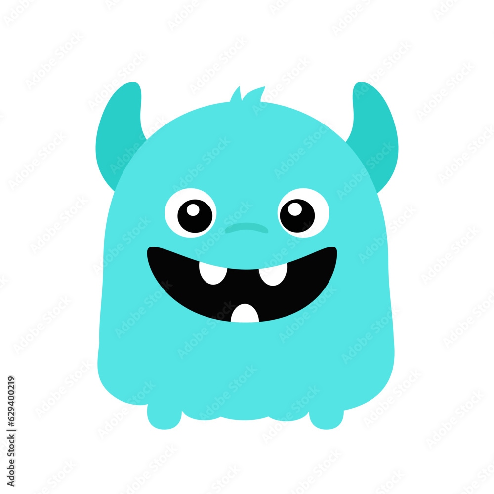 Cute monster. Happy Halloween. Funny head face with horns, fangs. Blue ...
