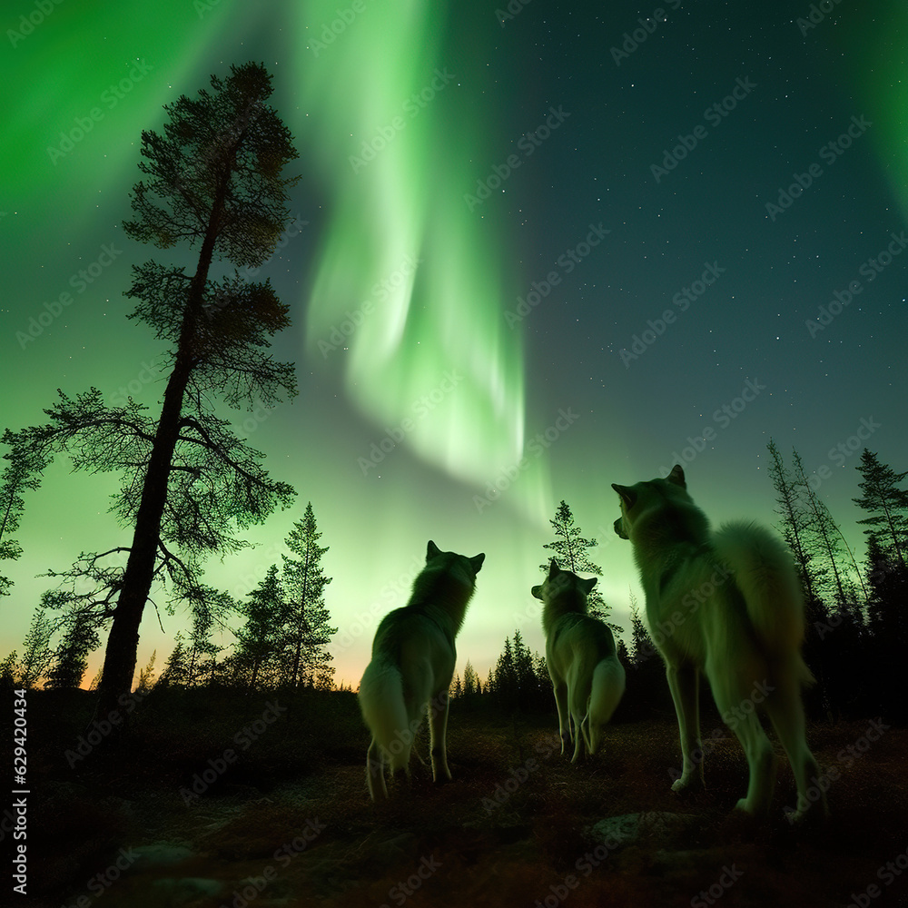 Silhouettes of wolves and countryside with starry night and aurora ...