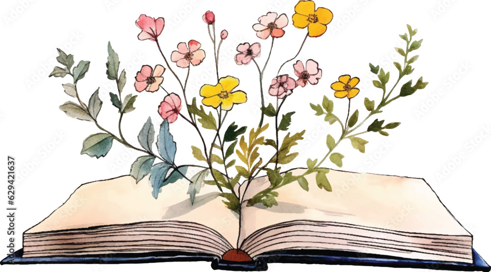 Vector watercolor painting of flowers growing from an old open book ...