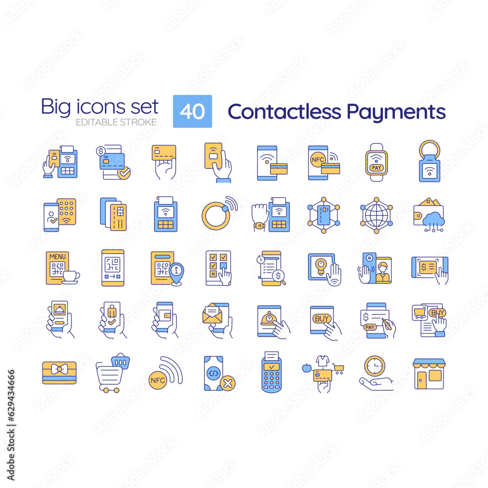 Vector de Stock Contactless payment RGB color icons set. Debit card. Tap and pay. Online banking ...