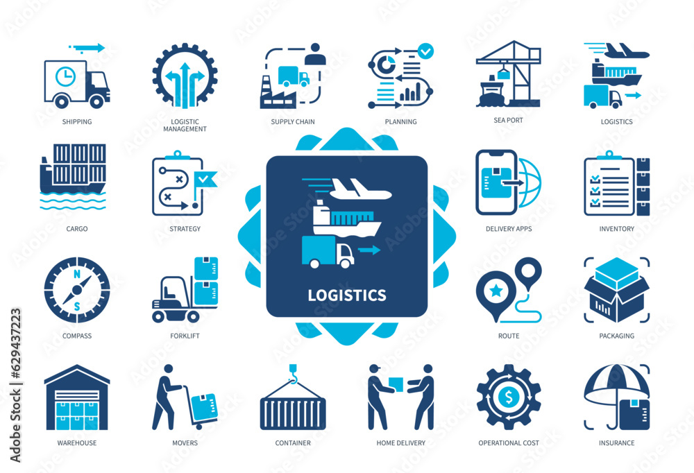 Logistics icon set. Delivery, Route, Warehouse, Forklift, Cargo ...