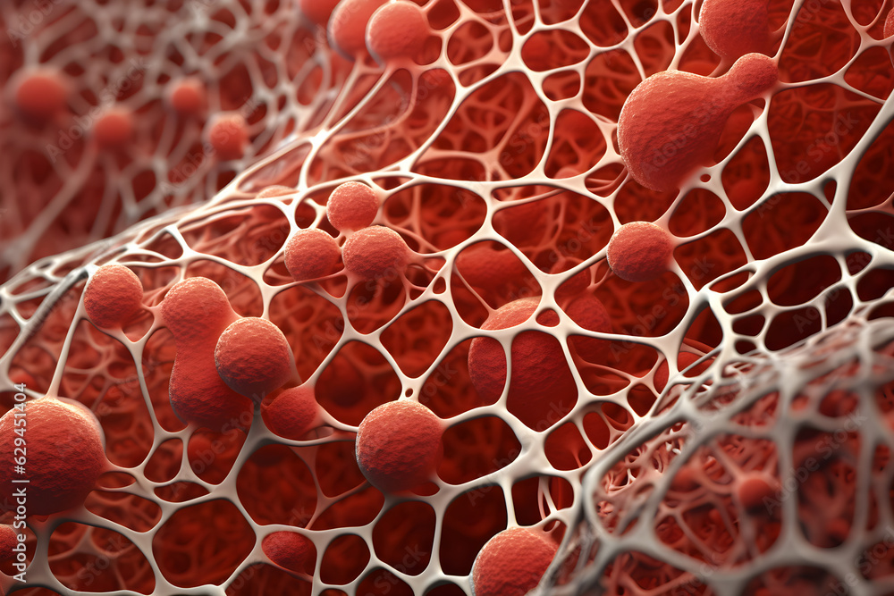 Electron microscopy of red blood cells in a human body, medical ...