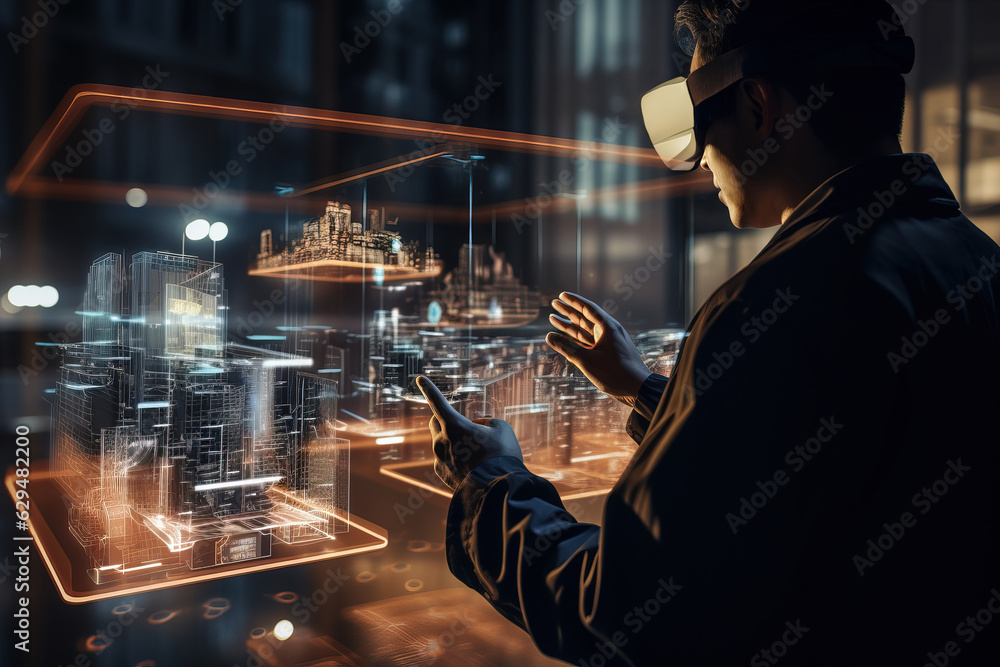 Male engineer or architect wearing virtual reality goggles designs city ...