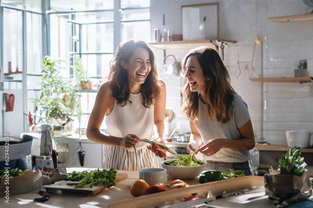 Two happy laughing women cooking together at white modern kitchen at ...