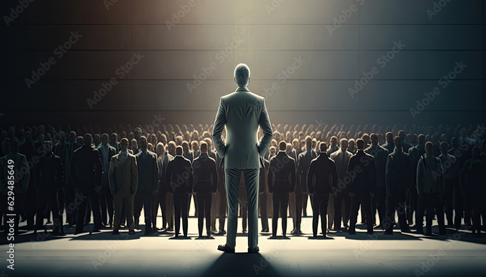 Back view, Imperious man in suit stands proudly in front of crowd of ...