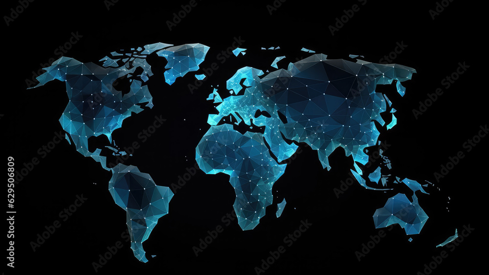 3d World Map Network Connection Glowing Polygonal Triangle Neon Lines On Dark Black Background