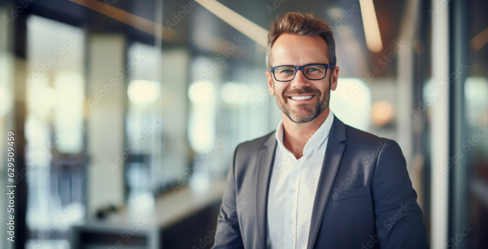Portrait businessman, standing smiling friendly in suit in hallway of ...