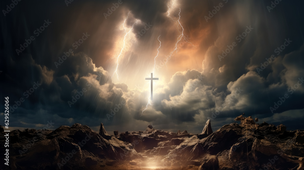 cross of Jesus with on cloudy mountain top, in the style of detailed ...