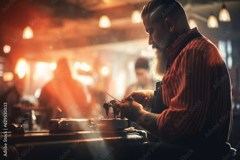 from behind a visually striking scene of a barbershop stylist giving a ...