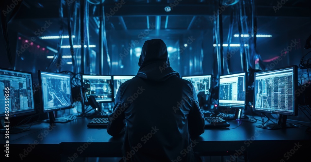 image of an anonymous hacker operating under the blue glow of several ...