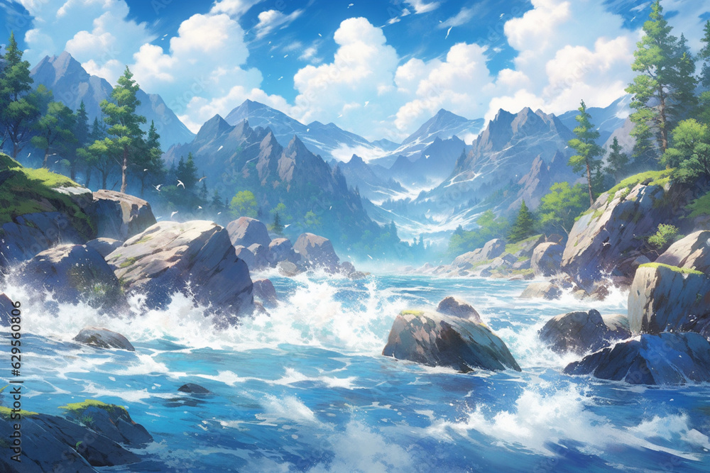 Anime fervor: A roaring river with swift currents dances over jagged ...