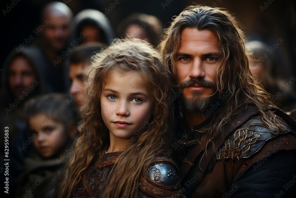 Viking father and daughter look at camera in vintage portrait Stock ...
