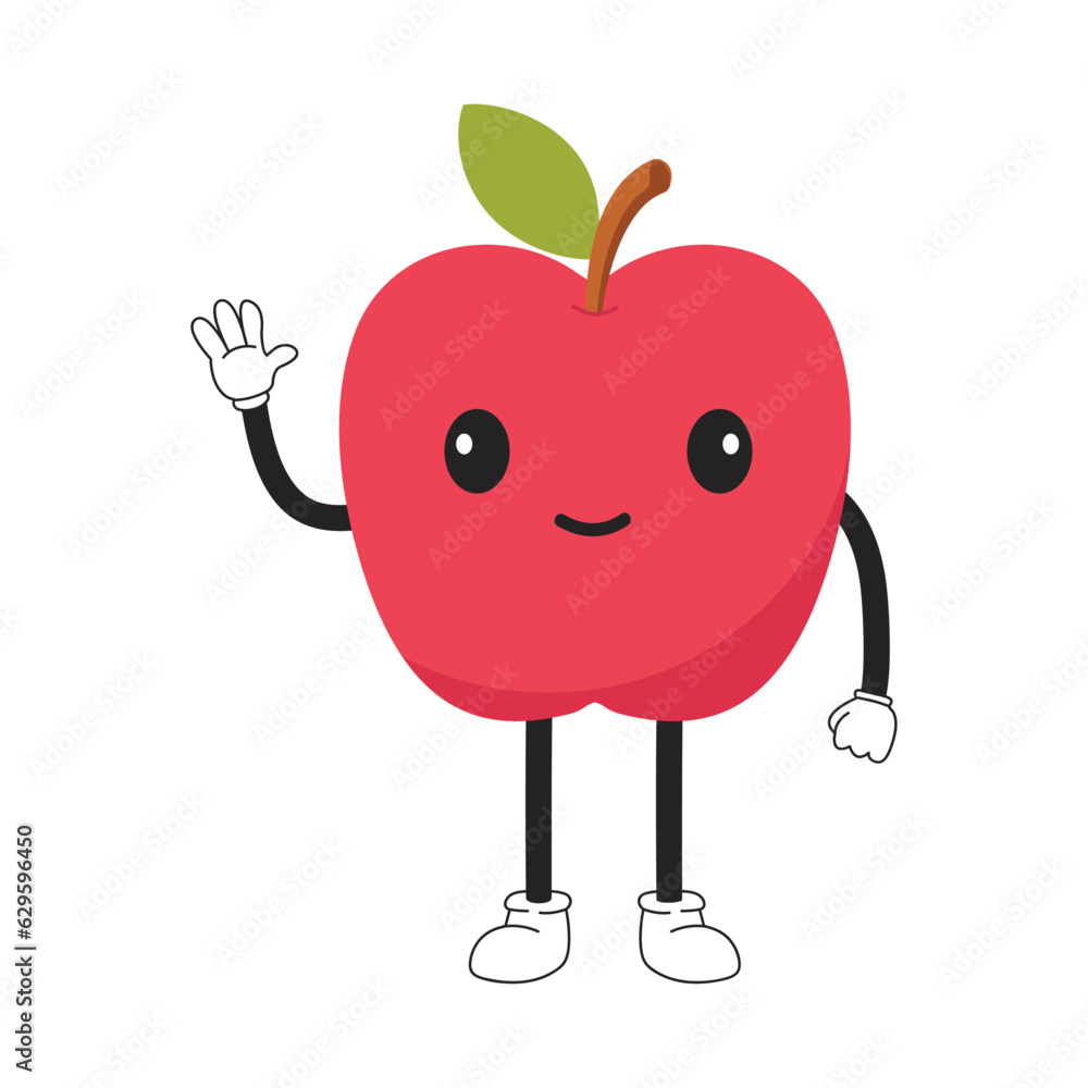 Apple emoticon with kawaii eyes, legs and hands is waving hand. Emoji ...