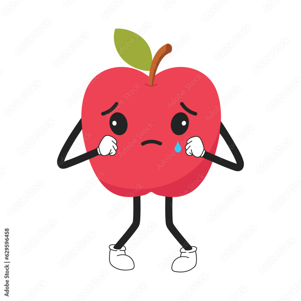 Apple emoticon with kawaii eyes, legs and hands is crying. Emoji sad ...