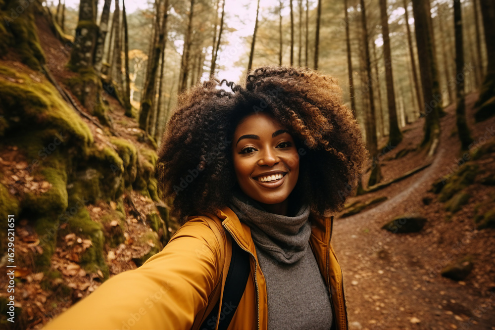 Generative AI picture image of wanderer girl in tourist gear enjoying ...