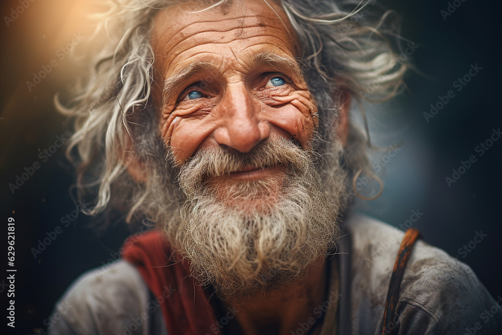 Generative ai collage portrait of old middle aged man beggar look up ...