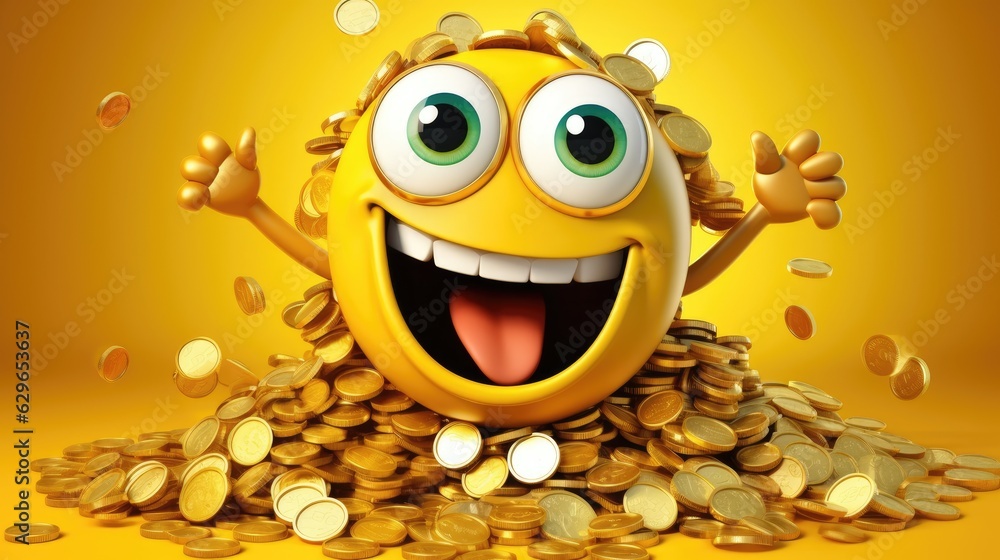 Happy smiling emoticon with a crazy look on a pile of golden coins. The ...