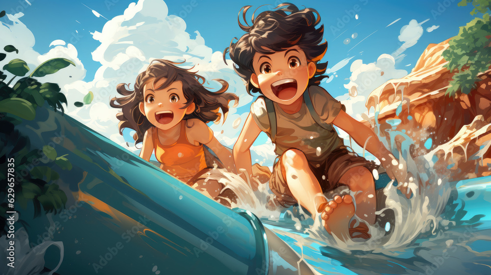 Happy kids slide down the water slide in the water park. Anime manga ...