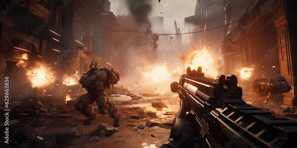 Action packed scene from a first - person shooter game, player's ...
