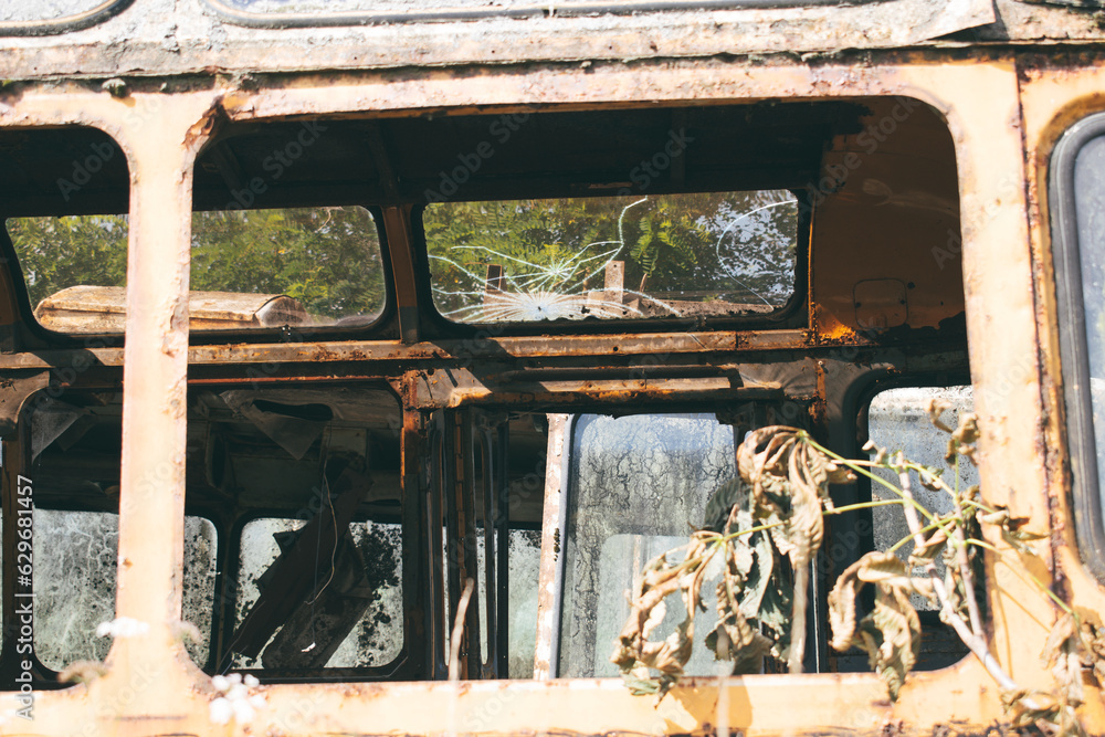 old, abandoned buses in the bushes. broken buses graveyard of old buses ...