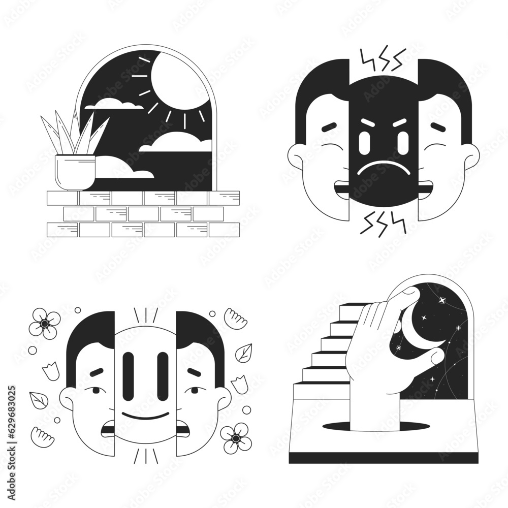 Psychedelic surreal bw concept vector spot illustration set. Split ...