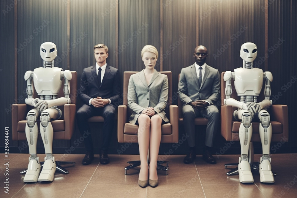 Business people and humanoid AI robot sitting and waiting for a job ...