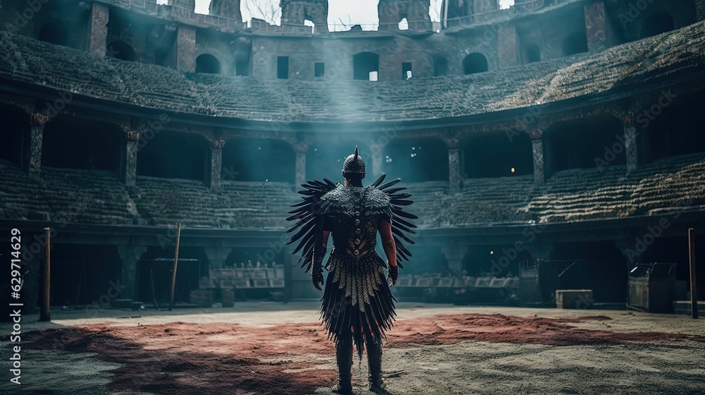 Armored gladiator overlooking the ancient empty amphitheater. Antique ...