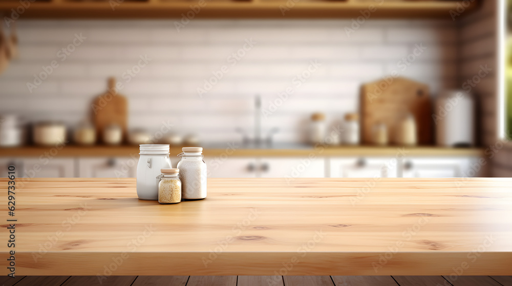 Wooden table on blurred kitchen bench background. Empty wooden table ...