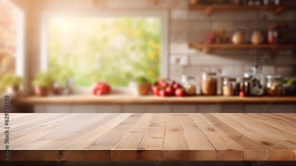Wooden table on blurred kitchen bench background. Empty wooden table ...