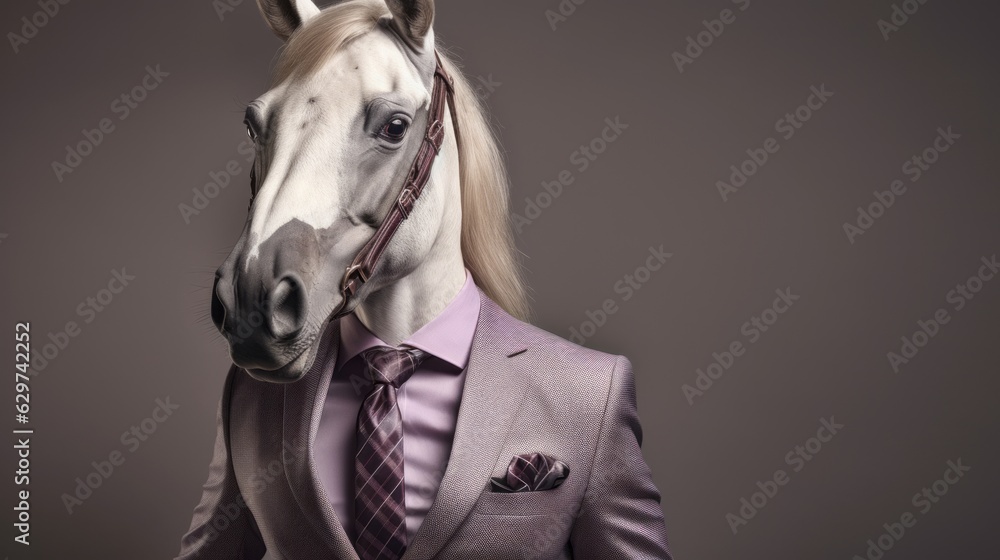 Beautiful elegant white horse posing, wearing mauve and grey suit, tie ...