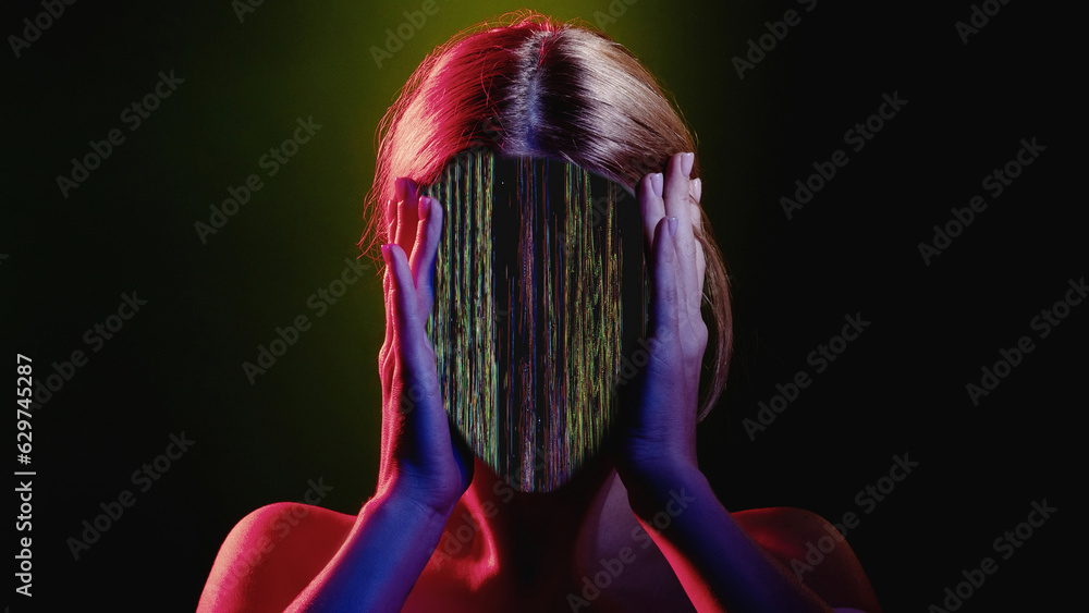 Stress anxiety. Mind control. Information overload. Red blue neon light ...