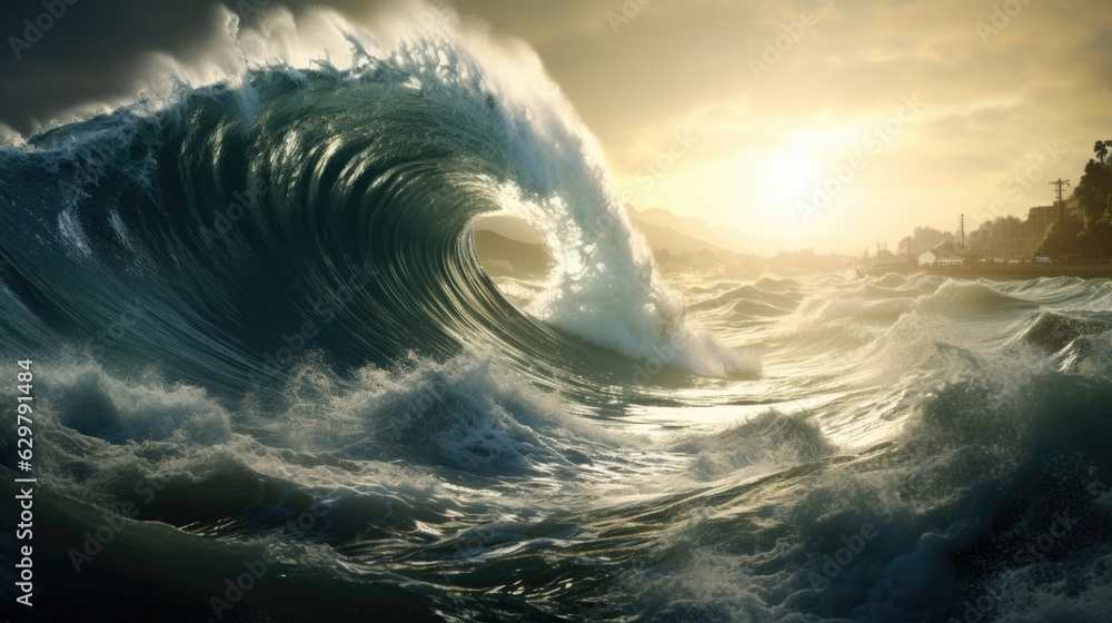 massive wave crashing onto the shore during a tsunami, illustrating the devastating impact of ...
